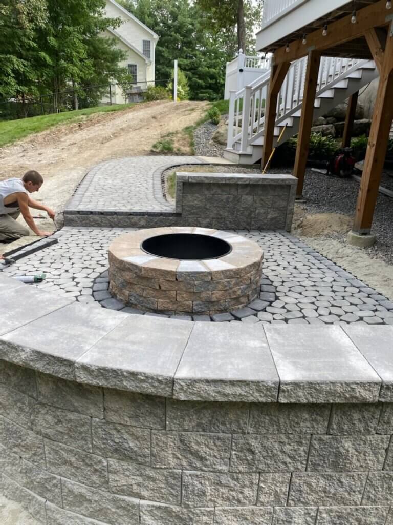 Walkway, Patio with Fire Pit, Bedford, NH - A+ Landscaping